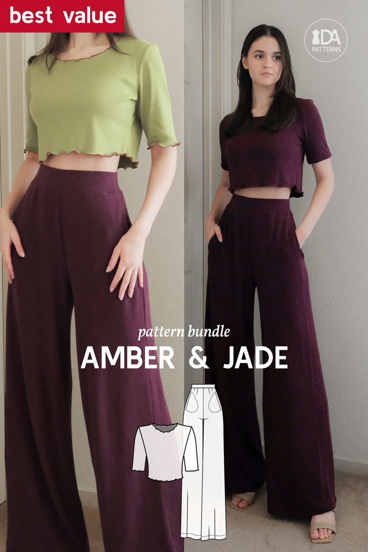 Easy Knit Crop Top & Wide Pants Sewing Pattern Bundle by Dressmaking Amóre